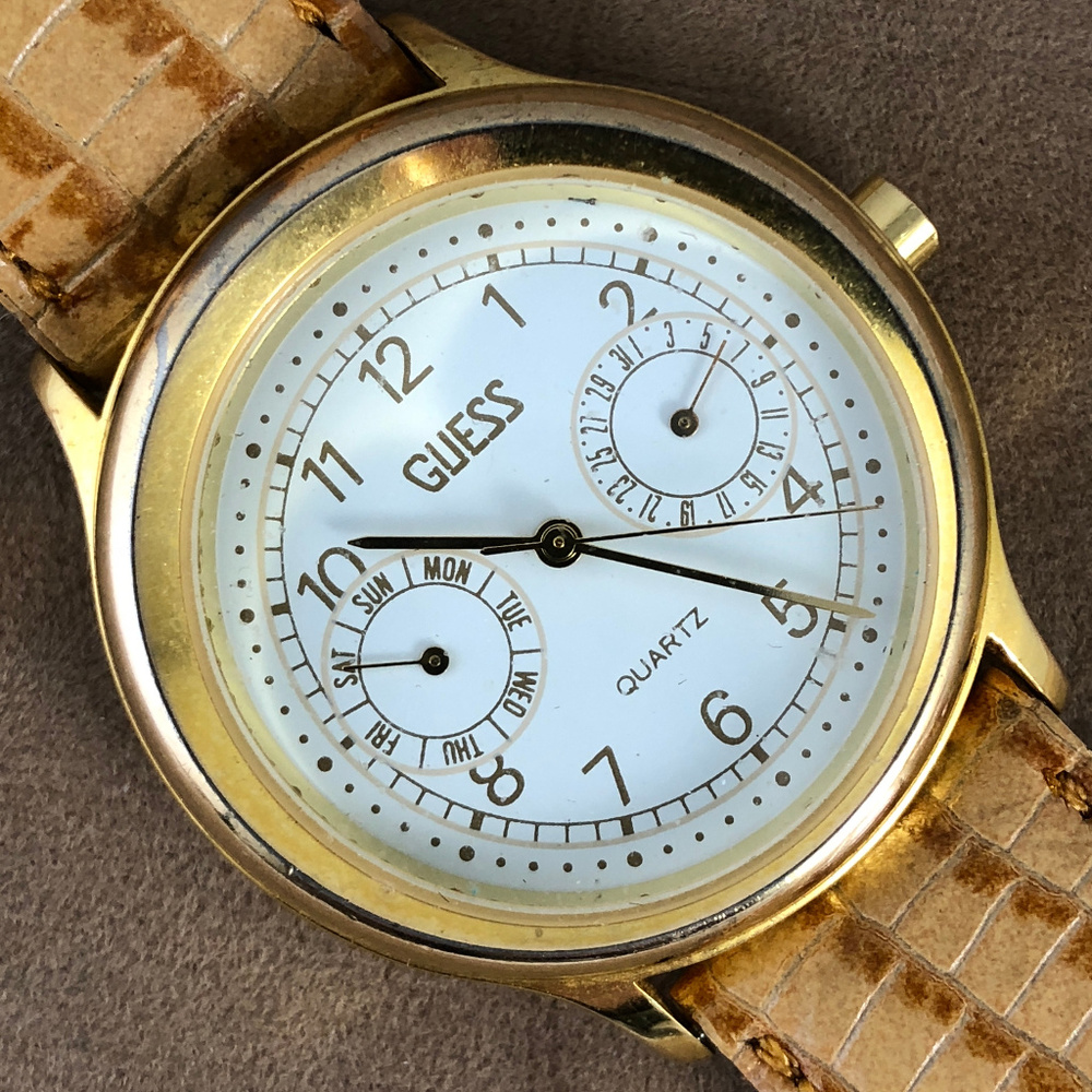 Original 1988 Guess Gold Tone Watch Date Tan Strap - Gem